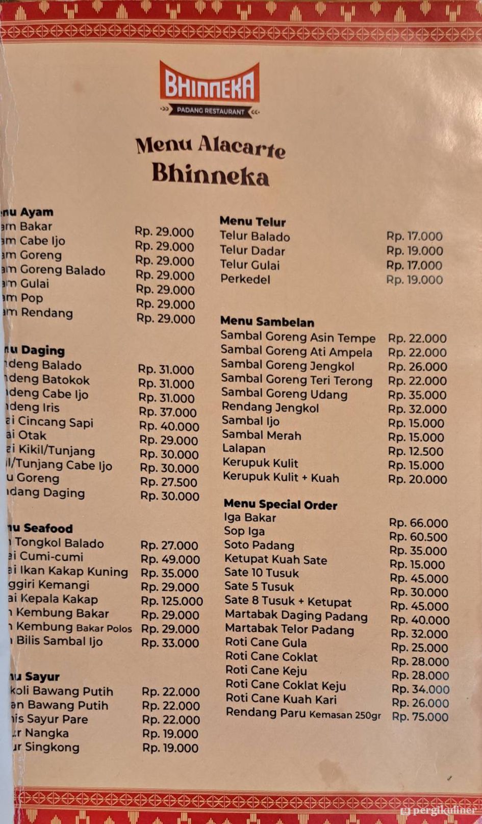 Selalu diperbarui! Menu Bhinneka Padang Restaurant, Kuningan